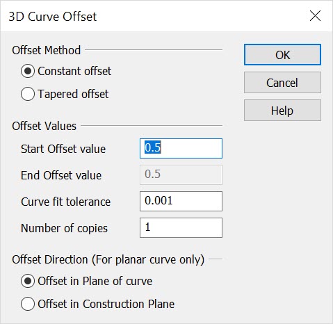 3D Curve Offset Dialog Options | Kubotek Kosmos